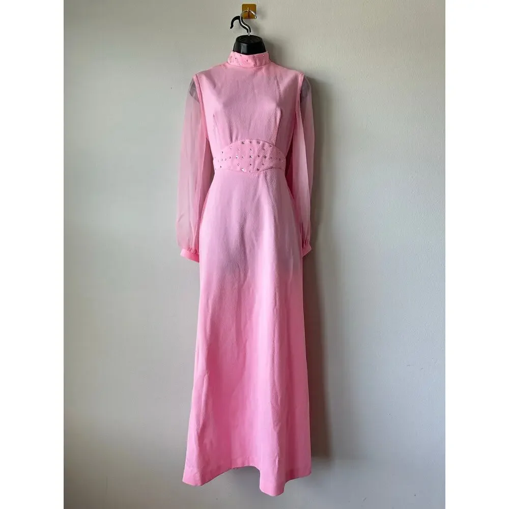 jcpenney | Dresses | Vintage 7s Pink Mod Maxi Dress Sheer Sleeves ...